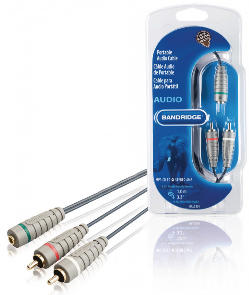 Bandridge BANDRIDGE 3.5mm Hona-2XRCA Hane Ljudkabel 1m - kungstv